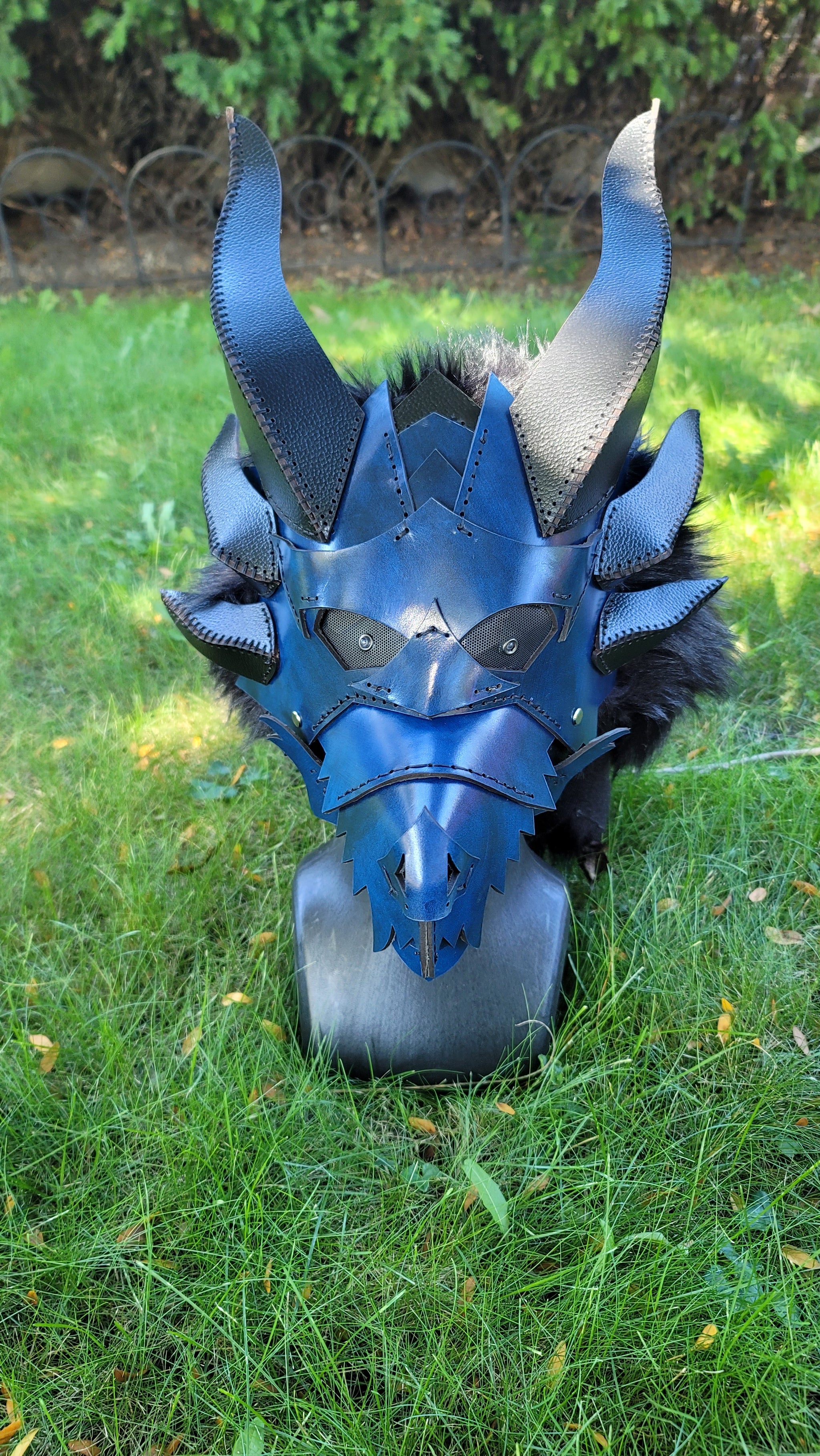 Articulate Spikey Leather Dragon Mask Furry Head Moving Jaw with Glowi ...